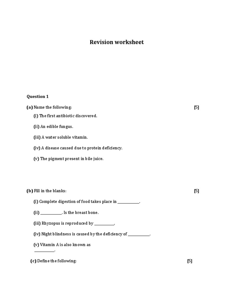 Biology Revision Worksheet | PDF | Vitamin | Fungus
