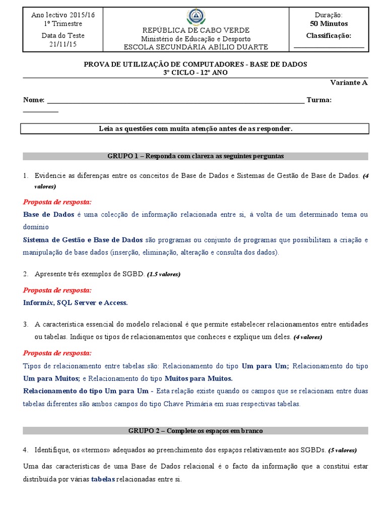 Prova de Base de Dados - 12º Ano | PDF | Bancos de dados | Base de ...