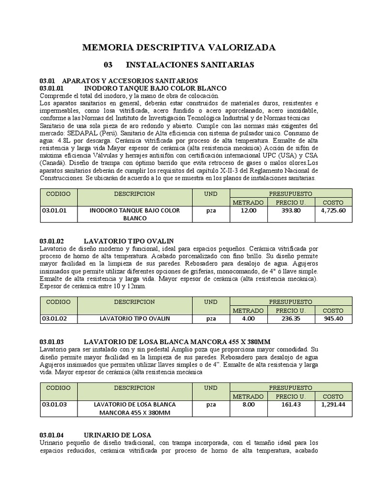 6.3 Memoria Descriptiva Valorizada Morococha - I.S. | PDF | Cloruro de polivinilo | Tubería ...