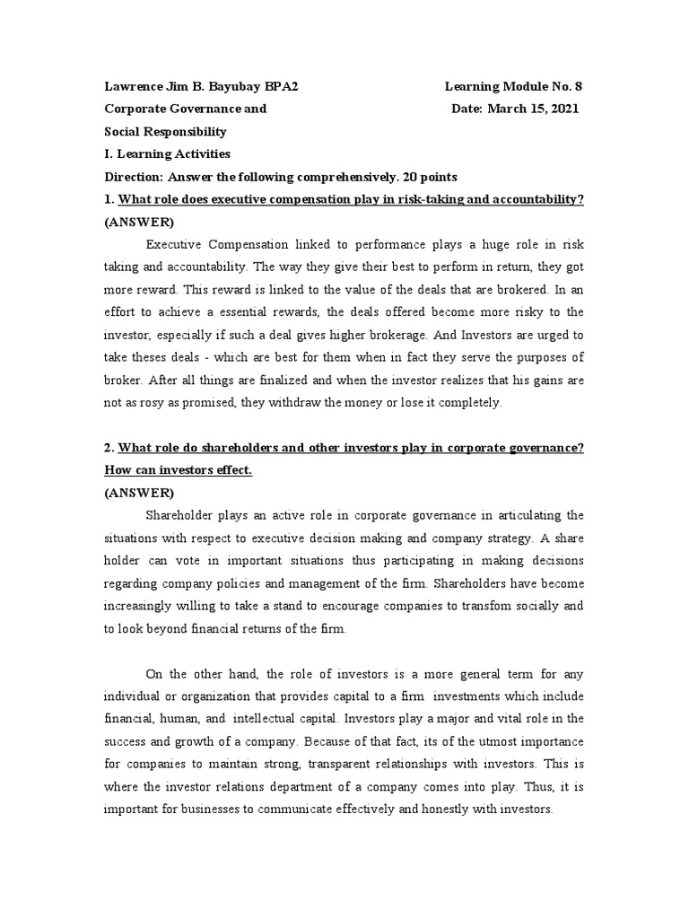 Corporate Governance and Social Responsility Modulo No 8 | PDF | Risk ...
