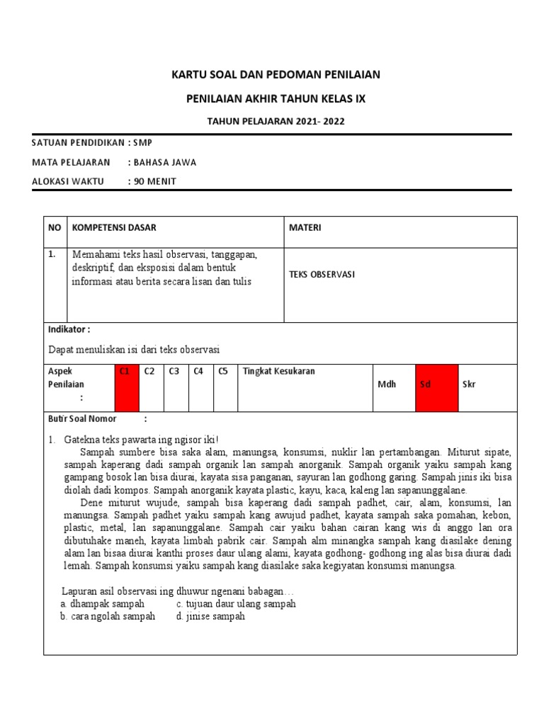 Kartu Soal Pas Bahasa Jawa Kls 9 | PDF