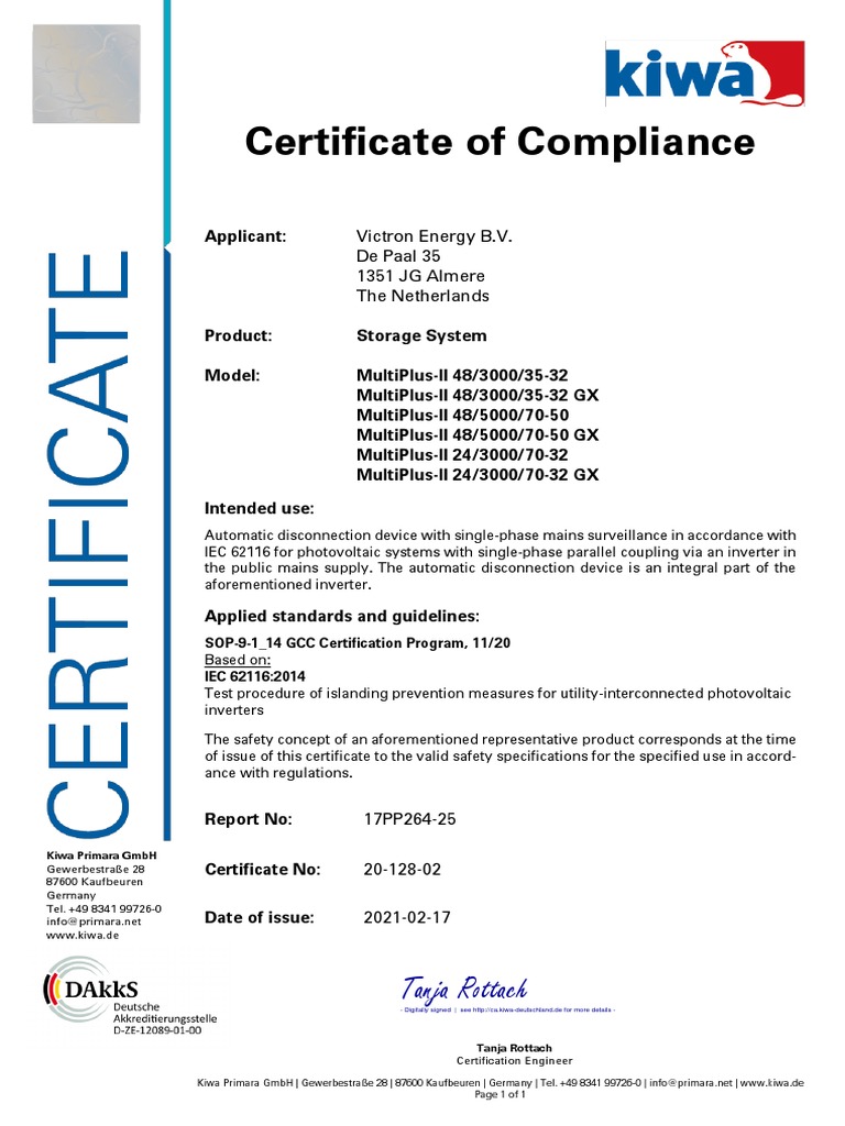 Compliance Certificate for IEC 62116 | PDF | Electric Power | Electricity