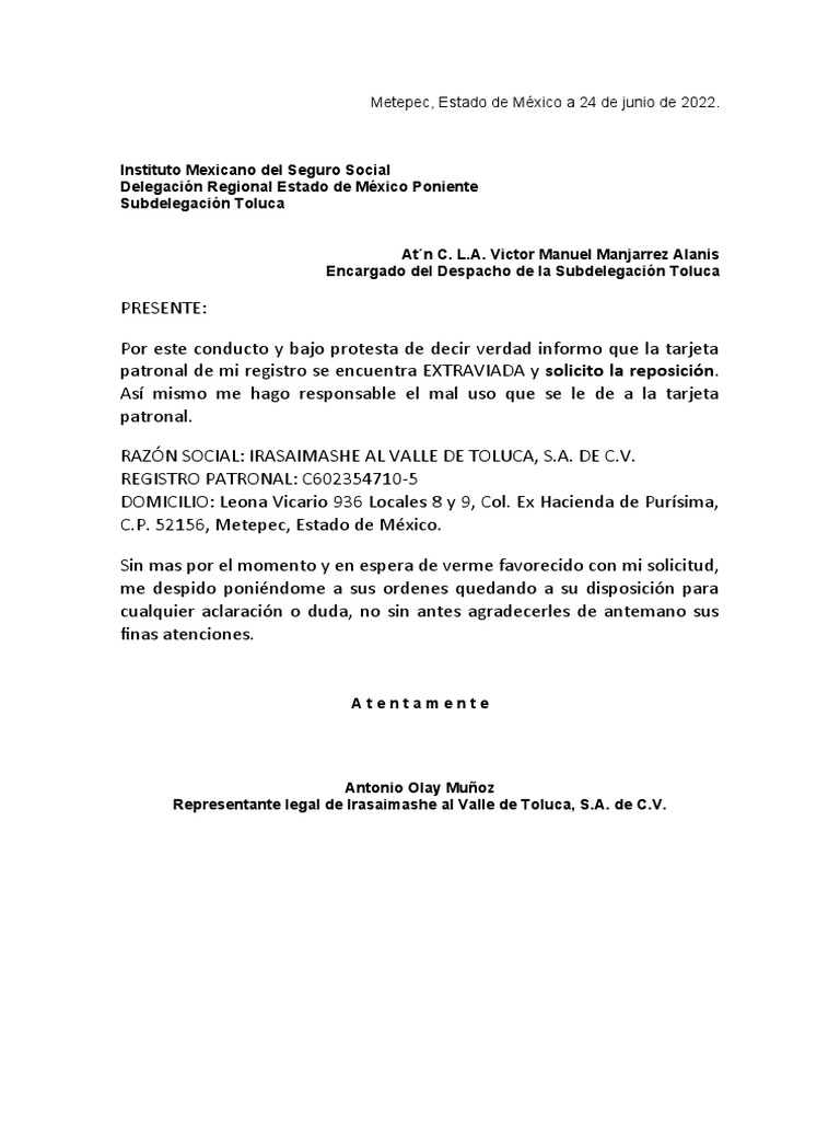 Oficio Tarjeta Patronal | PDF