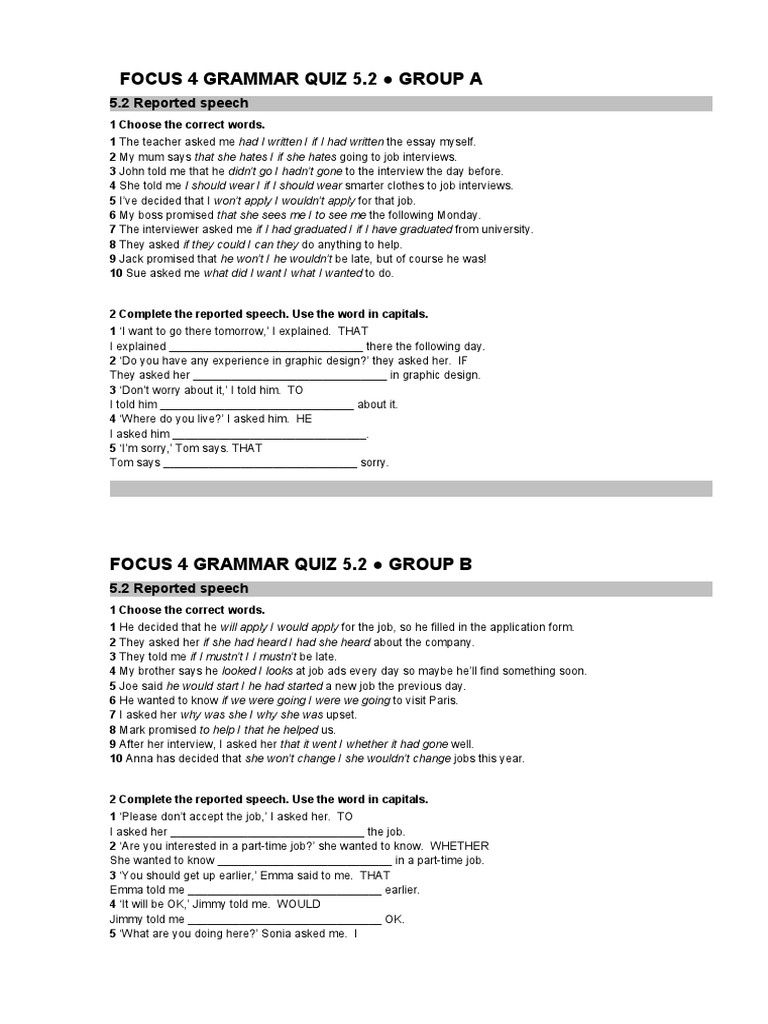 Focus 4 Reported Speech Quiz 5.2 | PDF | Language Arts & Discipline