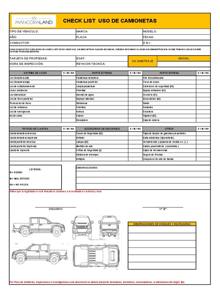 Check List Camioneta | PDF