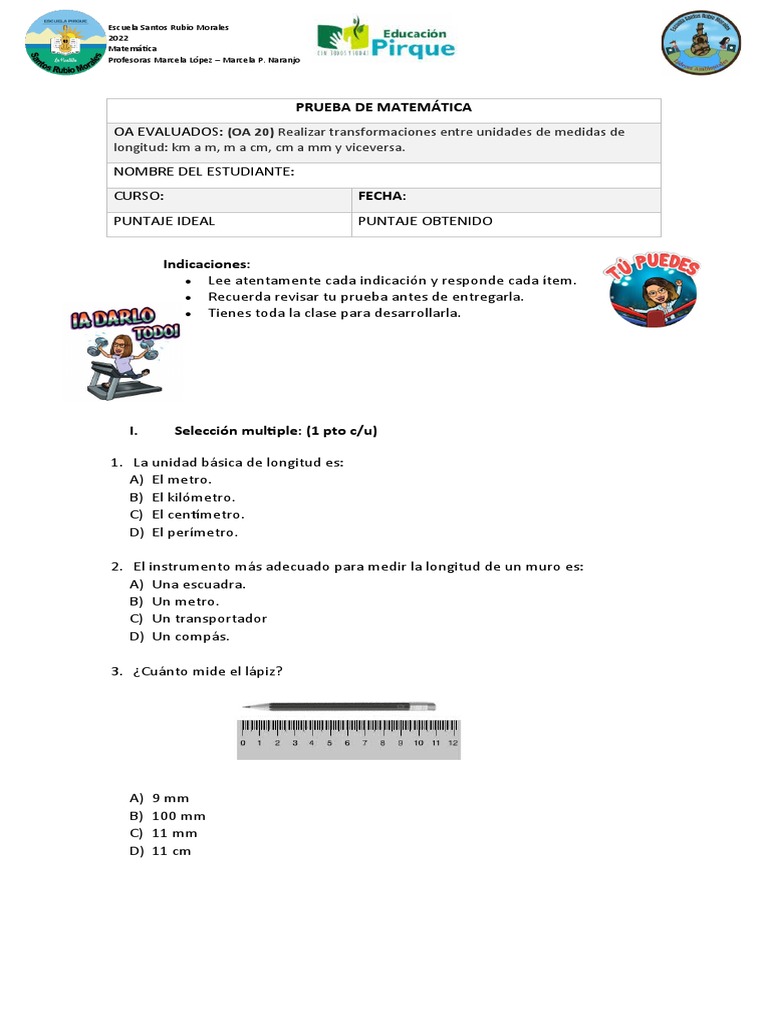 5° Prueba de Matemática Unidades de Medida | PDF | Metrología | Longitud