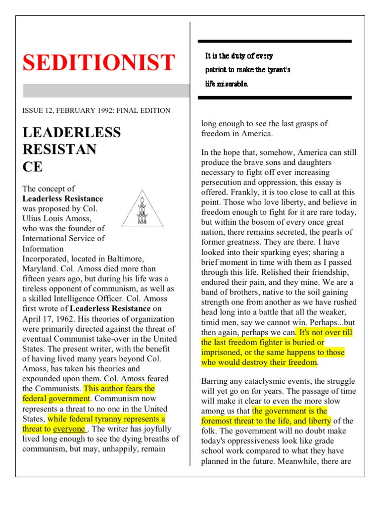 Seditionist: Leaderless Resistan CE | PDF | Resistance Movements ...