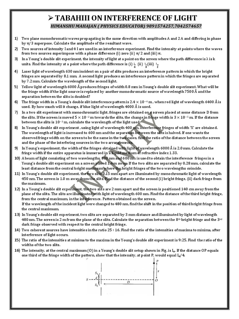 Light Interference and Diffraction Problems | PDF | Diffraction | Wavelength