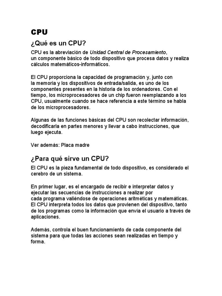 ¿Qué Es Un CPU? | PDF | Unidad Central de procesamiento | Hardware de ...