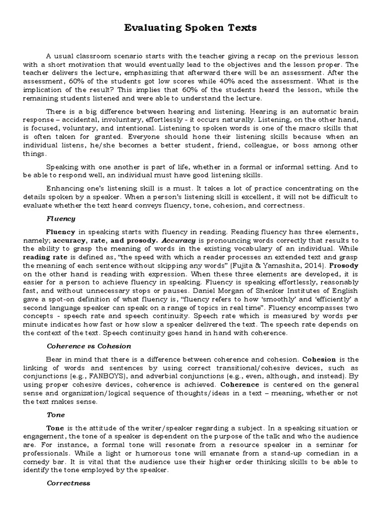 Evaluating Spoken Texts Notes in English 10 | PDF | Fluency | Learning