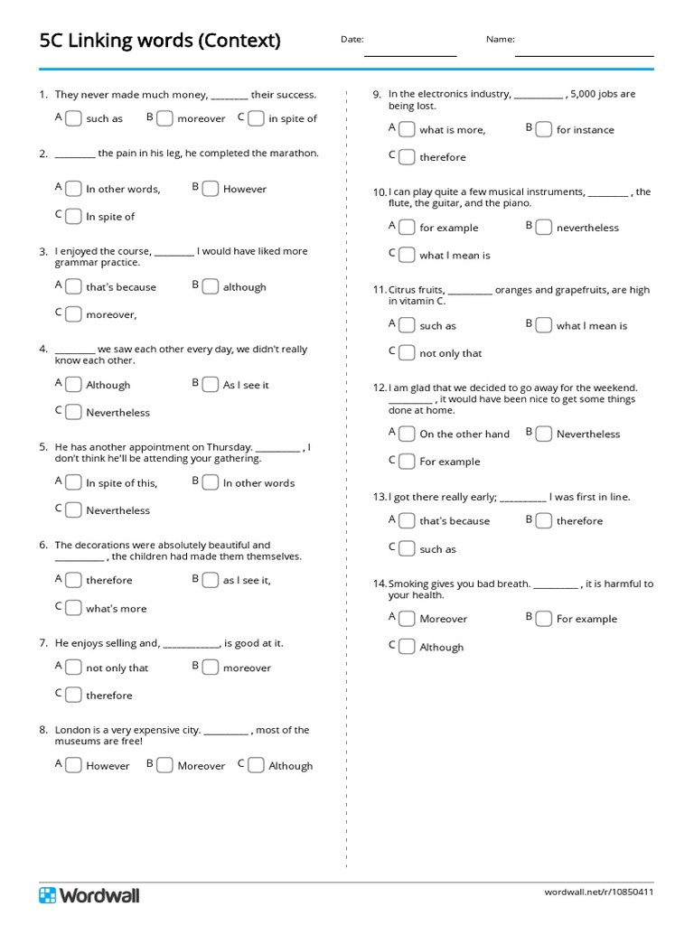 5c Linking Words Context Quiz | PDF