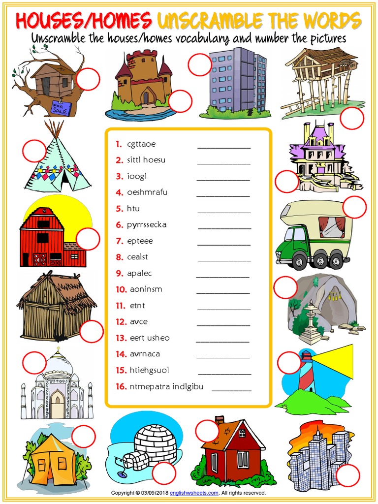 Types of Houses Vocabulary Esl Unscramble The Words Worksheet For Kids ...