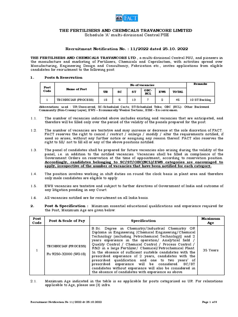 Notification FACT Technician Vacancy | PDF | Identity Document | Recruitment