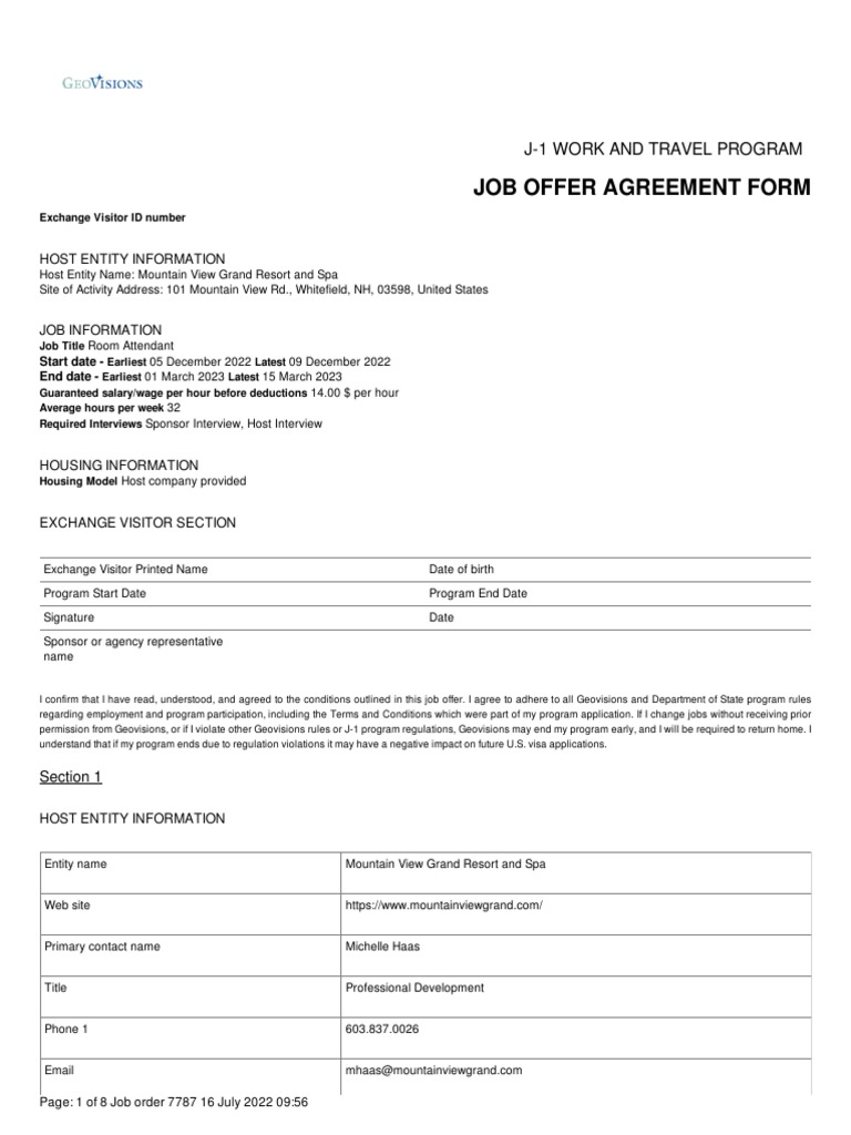 Job Offer - Mountain View Grand Resort and Spa | PDF | Wage | Employment