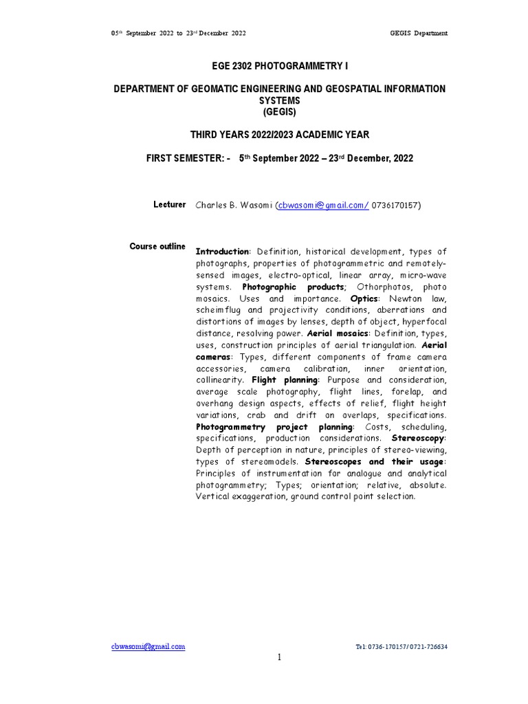 Introduction to Photogrammetry I: A Comprehensive Course Outline on the Fundamental Principles ...
