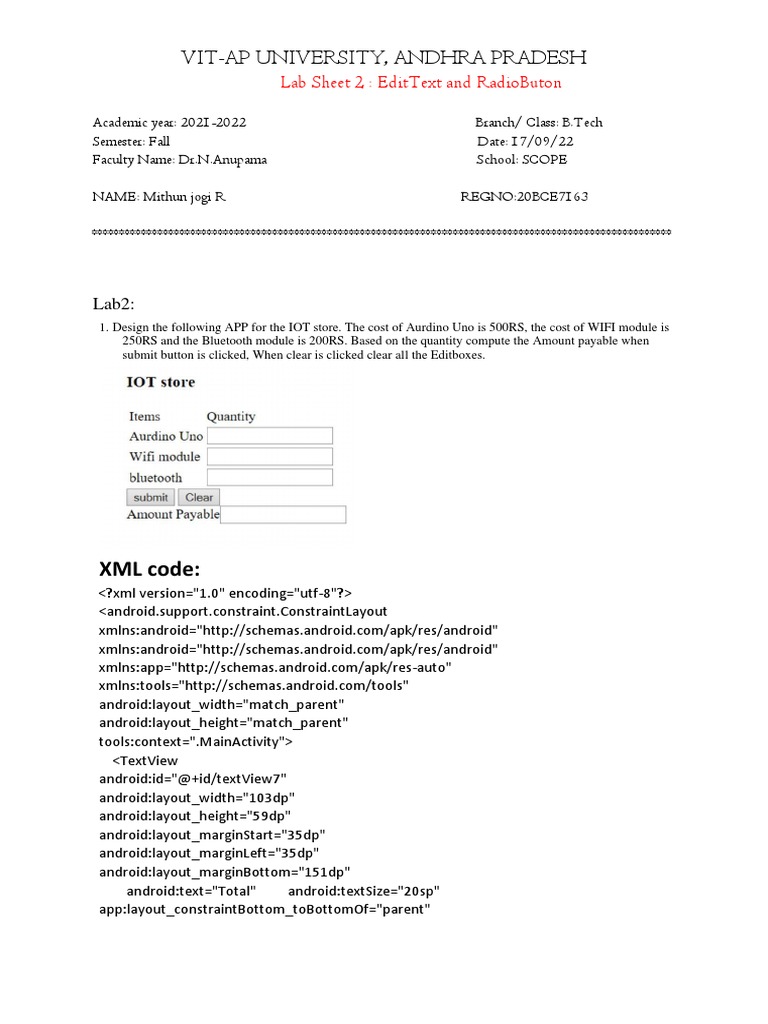 20bce7163 Lab2 | PDF | Android (Operating System) | Software