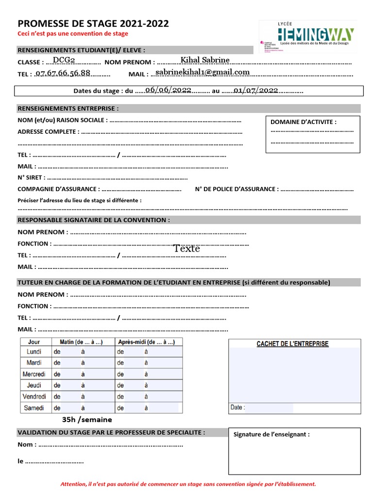 Promesse de Stage 2021-22 Generale | PDF