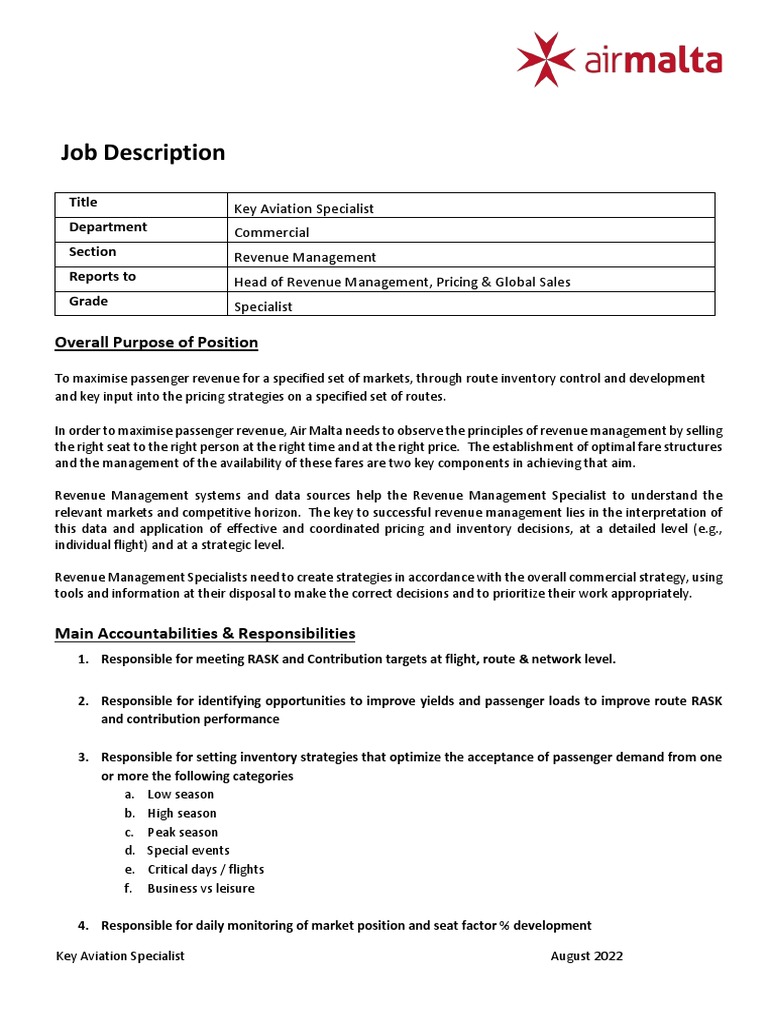 Job Description Key Aviation Specialist 2022 | PDF | Business | Economies