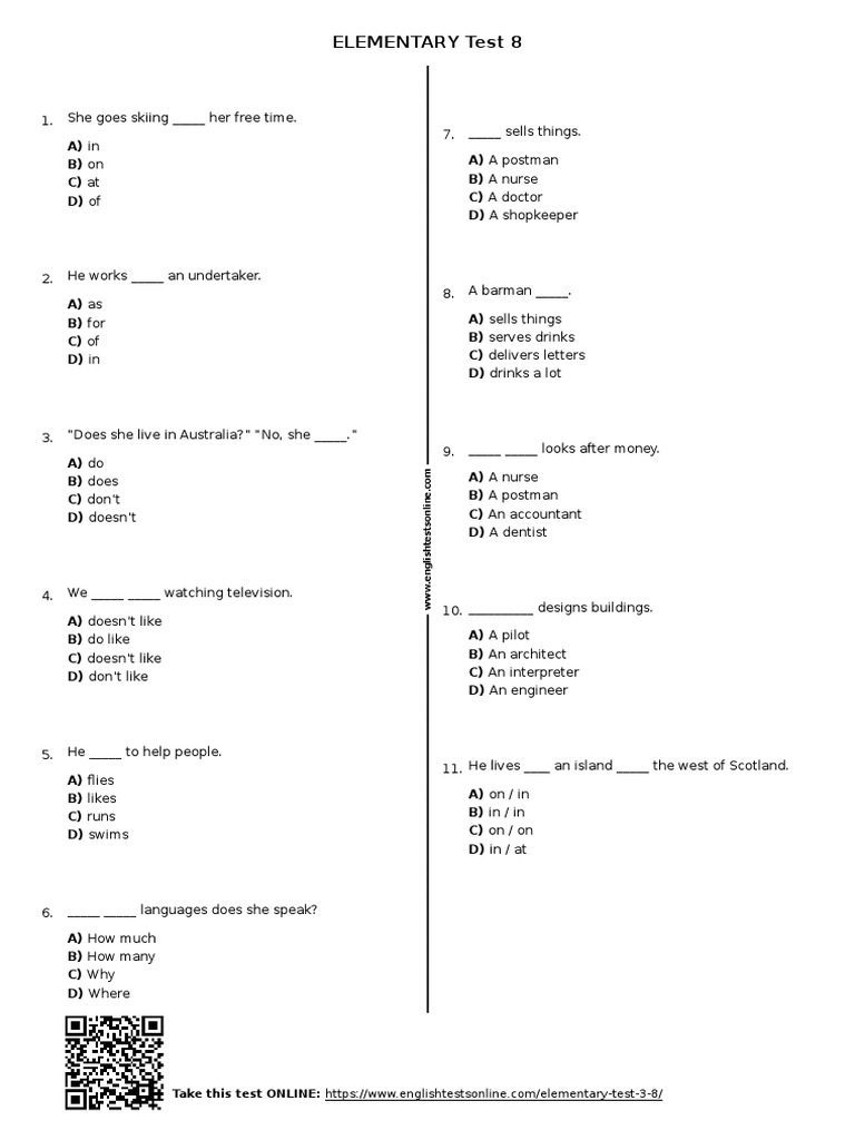 Elementary English Test 8 Answers | PDF