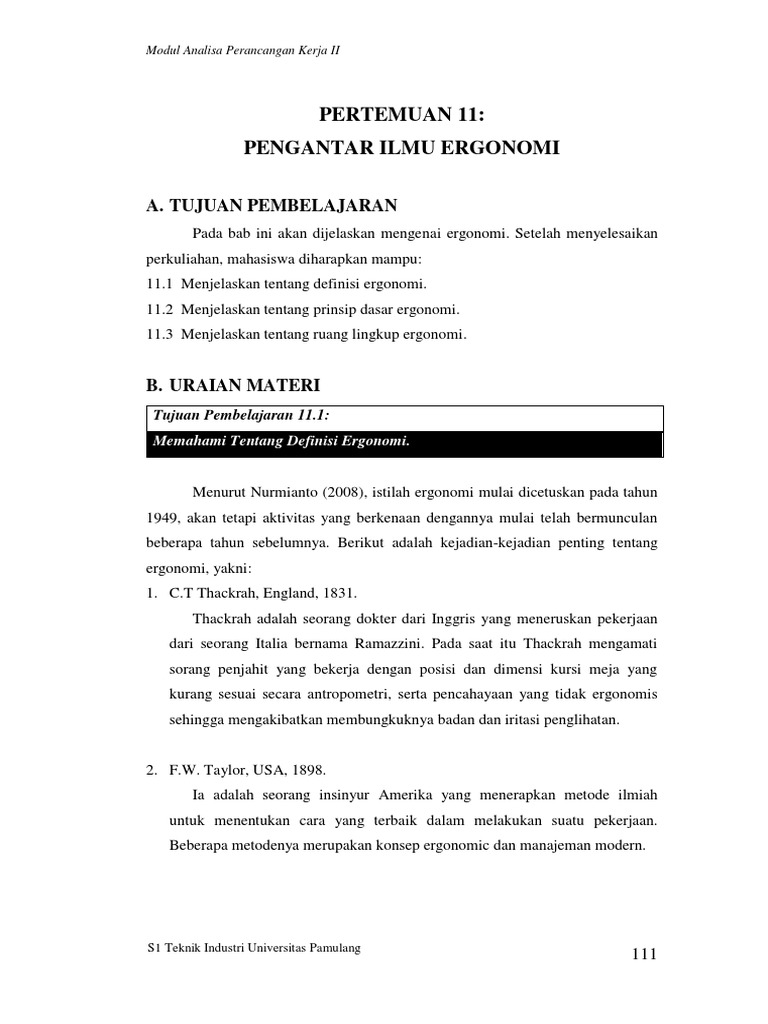Modul Pertemuan 11 Pengantar Ilmu Ergonomi | PDF