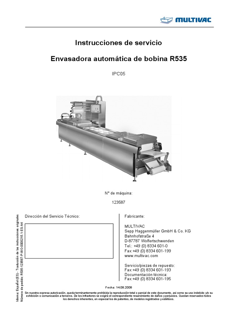 Instrucciones de Servicio - Envasadora Multivac - R535 | PDF | Química | Naturaleza