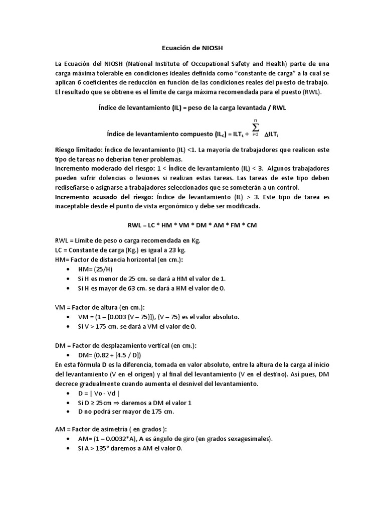Ecuación NIOSH: Cálculo de RWL e IL | PDF