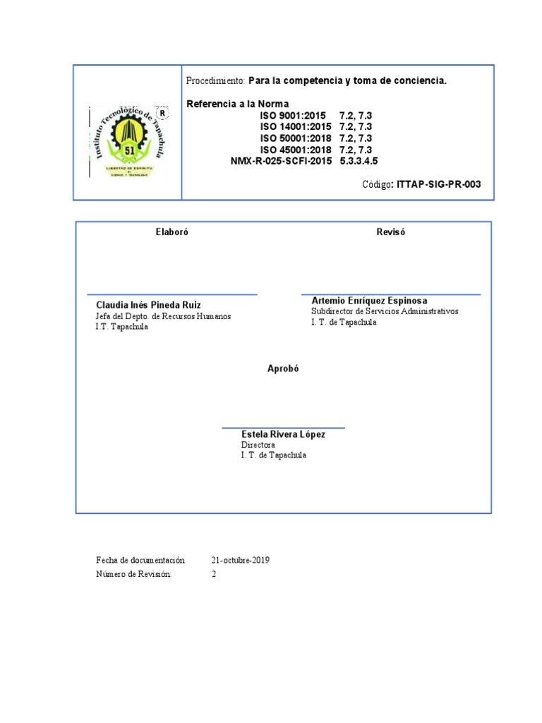 ITTAP-SIG-PR-003 Procedimiento para Competencia y Toma de Conciencia | PDF | Gestión de recursos ...