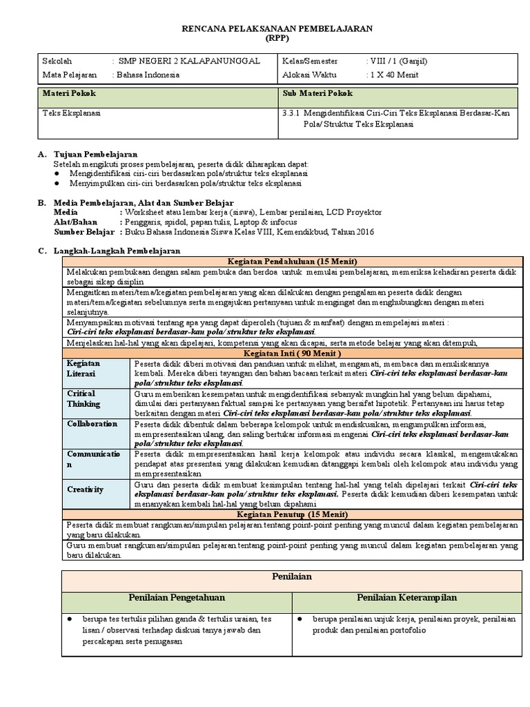 RPP 8 Sem 1 Eksplanasi KLPNNGGL | PDF