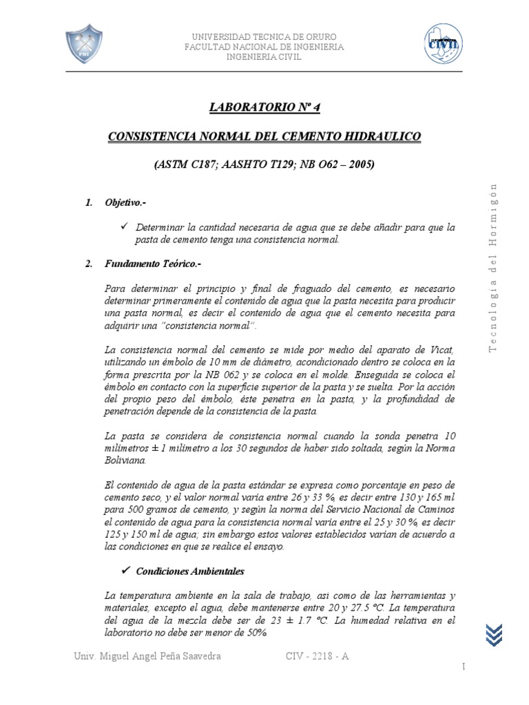 Laboratorio #4 Consistencia Normal Del Cemento Hidraulico: (ASTM C187 ...