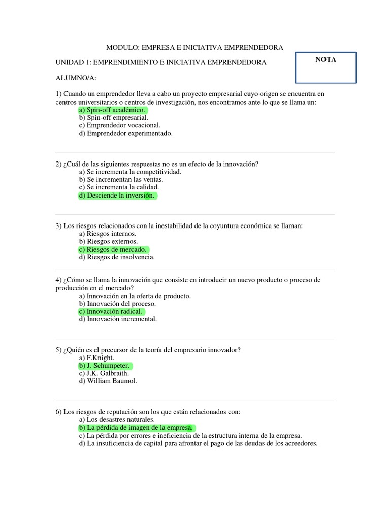 Test Empresa E Iniciativa Emprendedora Pdf Iniciativa Empresarial