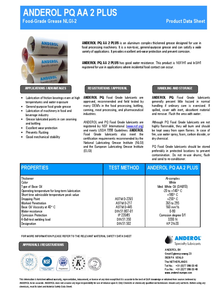 Anderol Pqaa-2 Plus - Food Grase - 2 | PDF | Lubricant | Chemical Substances