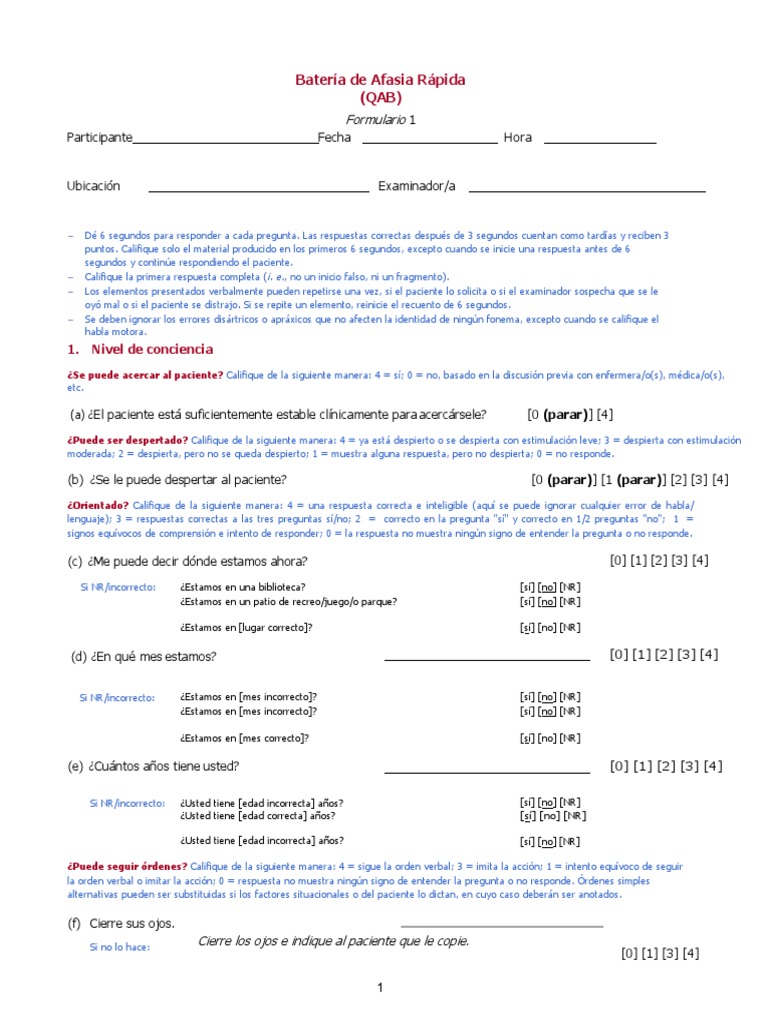 QAB Spanish Scoresheet | PDF | Afasia | Ciencia cognitiva