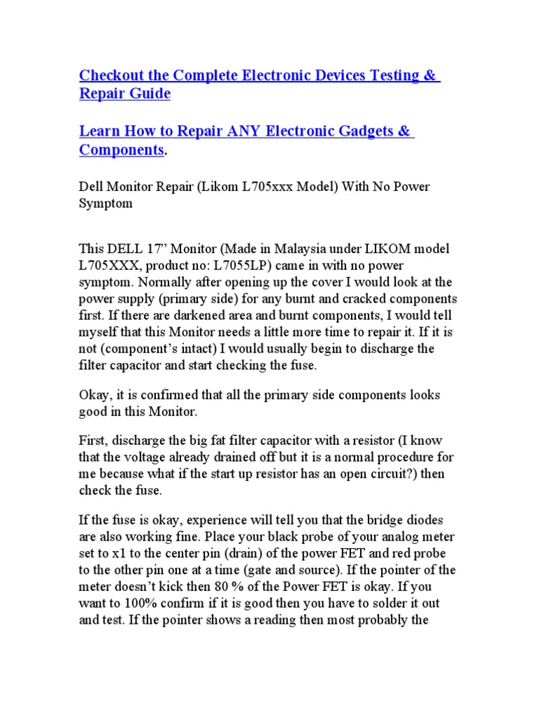 Dell Monitor Repair Likom L705xxx Model With No Power Symptom | PDF ...