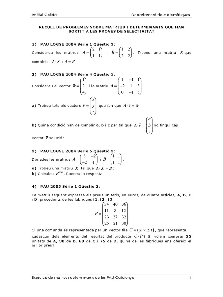 Recull Problemes Sobre Matrius Exàmens Selectivitat PAU | PDF