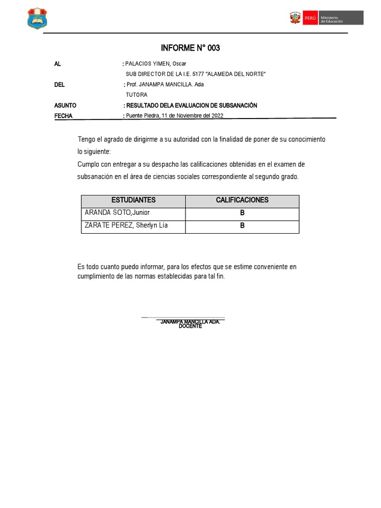 Informe de La EVALUACION SUBSANACION | PDF