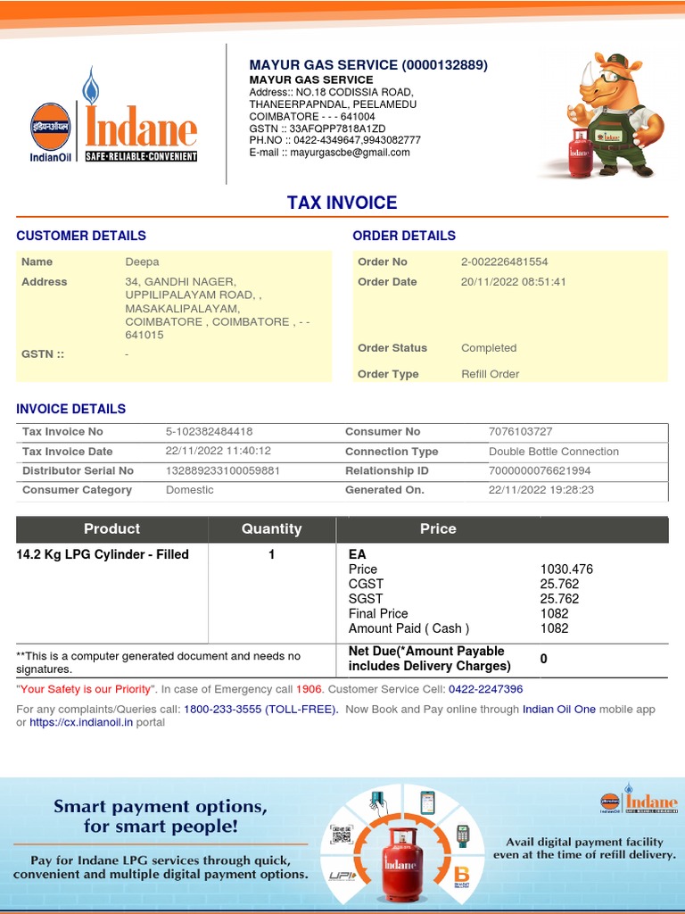 MAYUR GAS SERVICE tax invoice details for LPG cylinder refill order | PDF