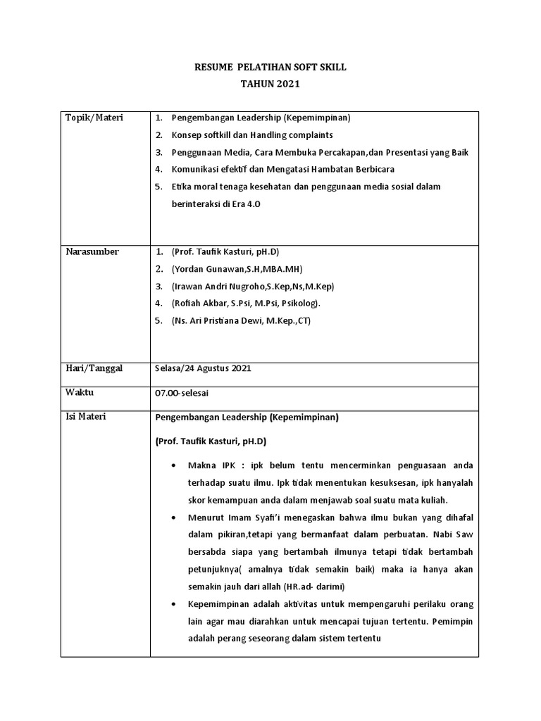 Resume Pelatihan Soft Skill TAHUN 2021 | PDF | Karier & Perkembangan | Pengembangan Diri
