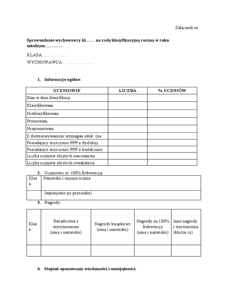 Sprawozdanie Wychowawcy 1 3 Klasyfikacyjna 2020 II | PDF