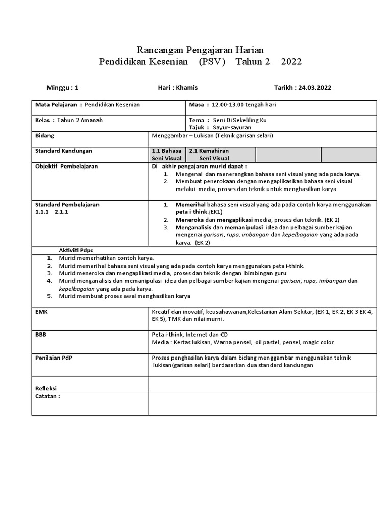 RPH Pendidikan Kesenian Tahun 2 2022 | PDF