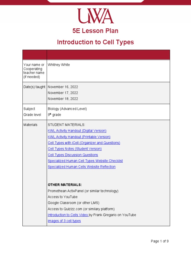 Whitney White 5e Lesson Plan On Cell Types | PDF | Cell (Biology ...