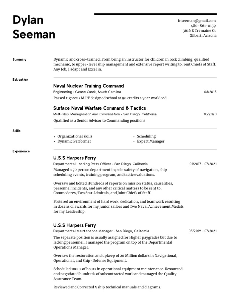 Dylan James Seeman Resume | PDF | Military | Shipping