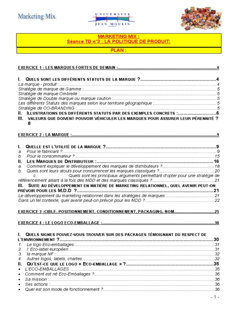 Marketing Mix: Séance TD N°3: La Politique de Produit: Plan | PDF ...