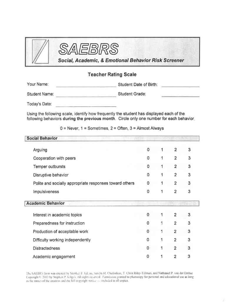 SAEBRS Teacher Rating Sheet | PDF