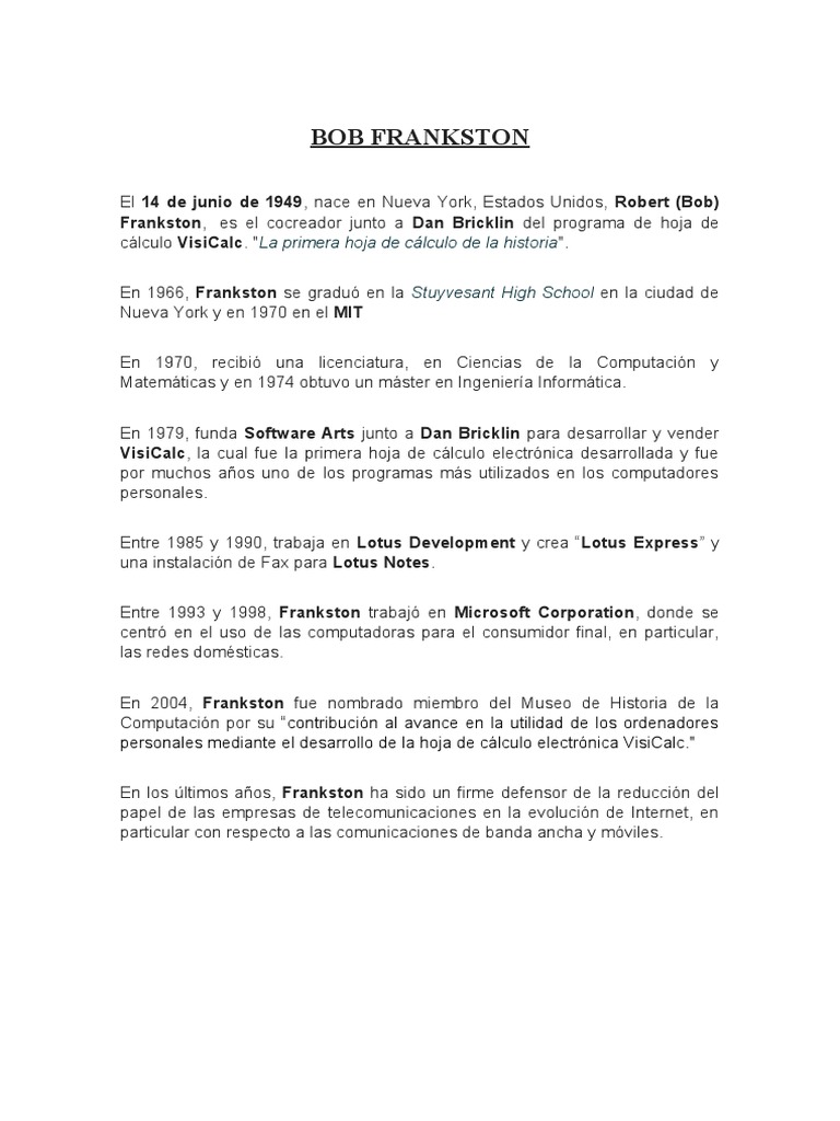 Pionero de VisiCalc: Bob Frankston | PDF | Ciencias sociales | Arte