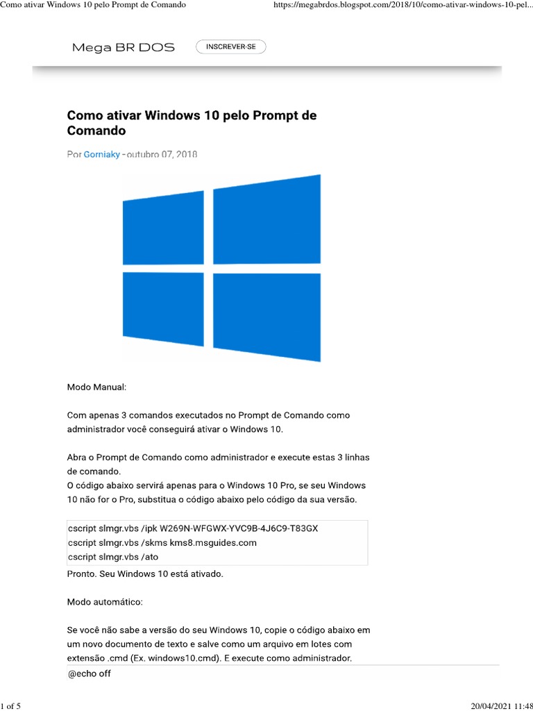 Como Ativar Windows 10 Pelo Prompt de Comando | PDF