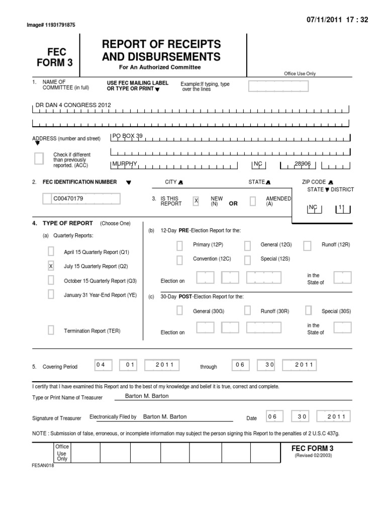 FEC Form 3 Report: Receipts & Disbursements | PDF | Political Action ...