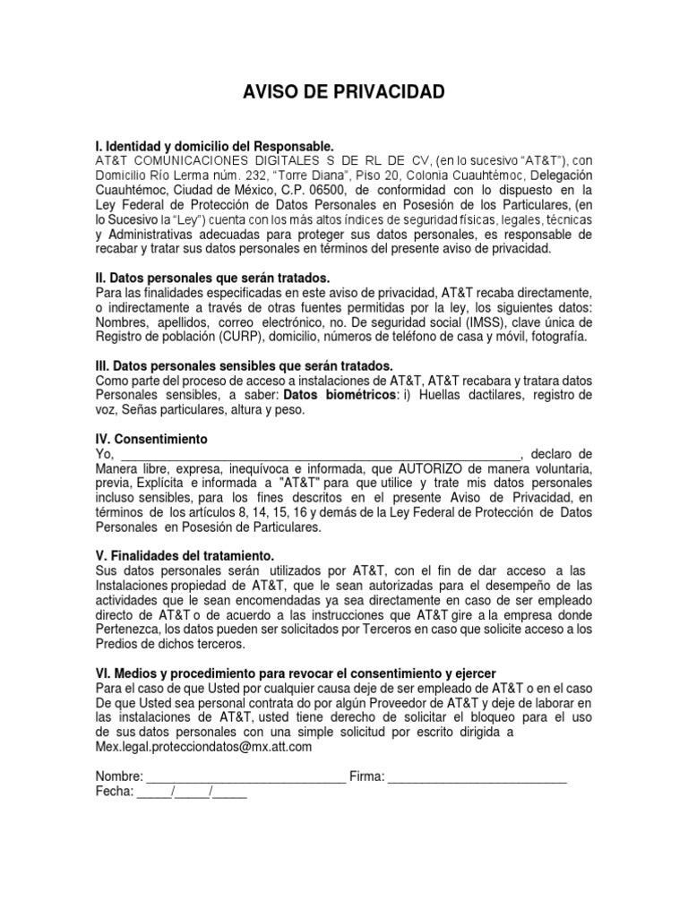 Nuevo Aviso de Privacidad Att | PDF