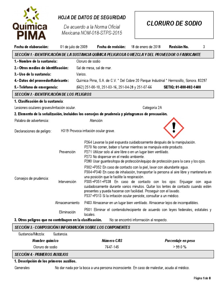 Cloruro de Sodio (HDS-SGA) | PDF