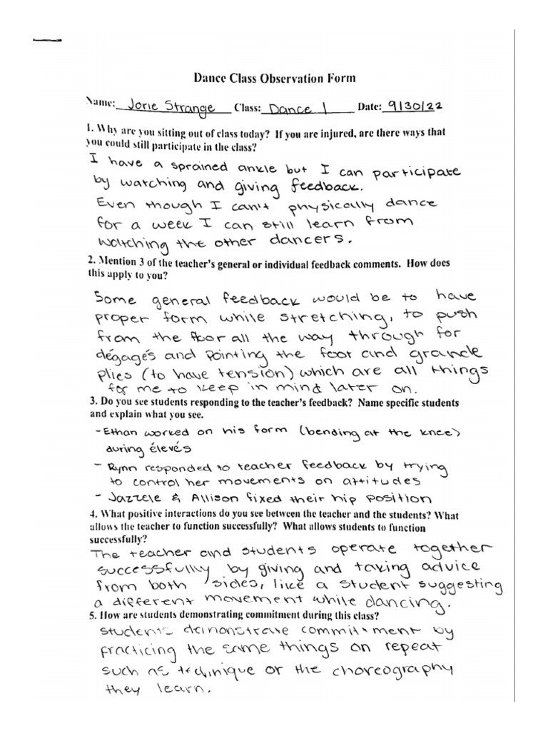 Dance Class Observation Form | PDF