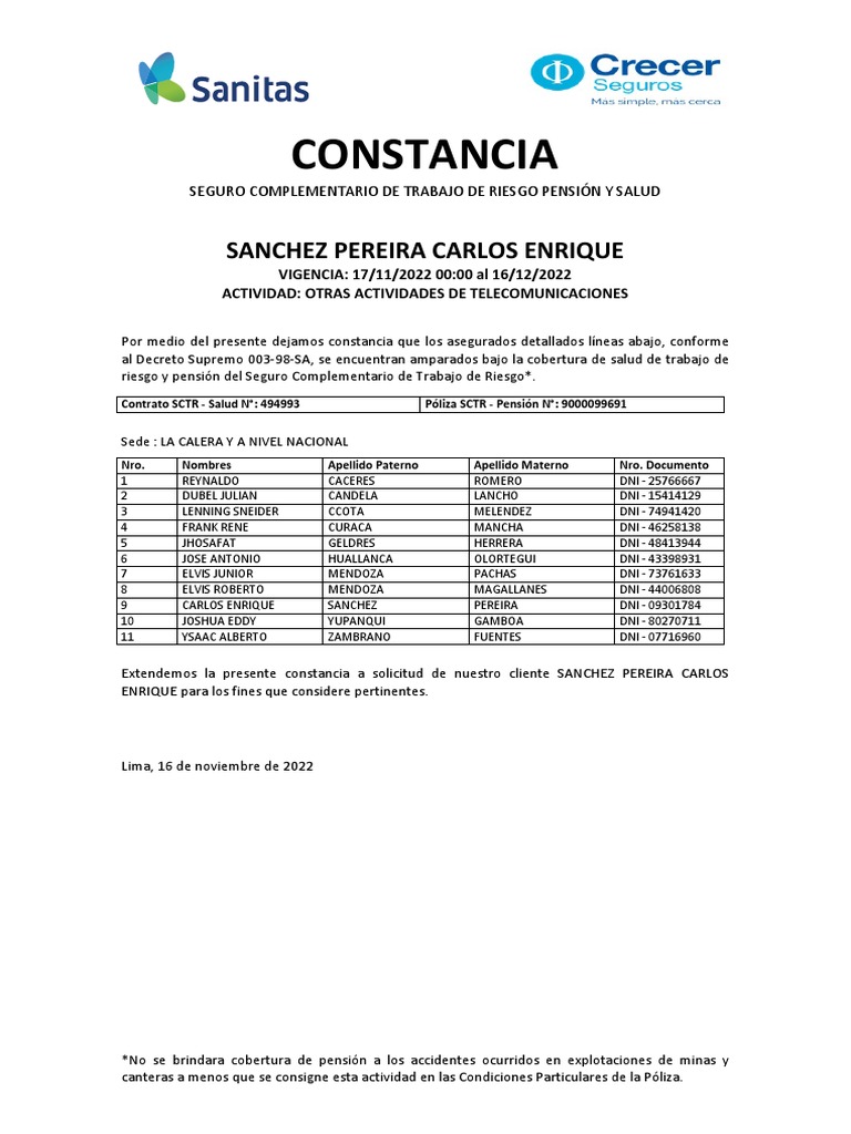 Constancia SCTR Salud y Pension | PDF | Seguro | Riesgo financiero
